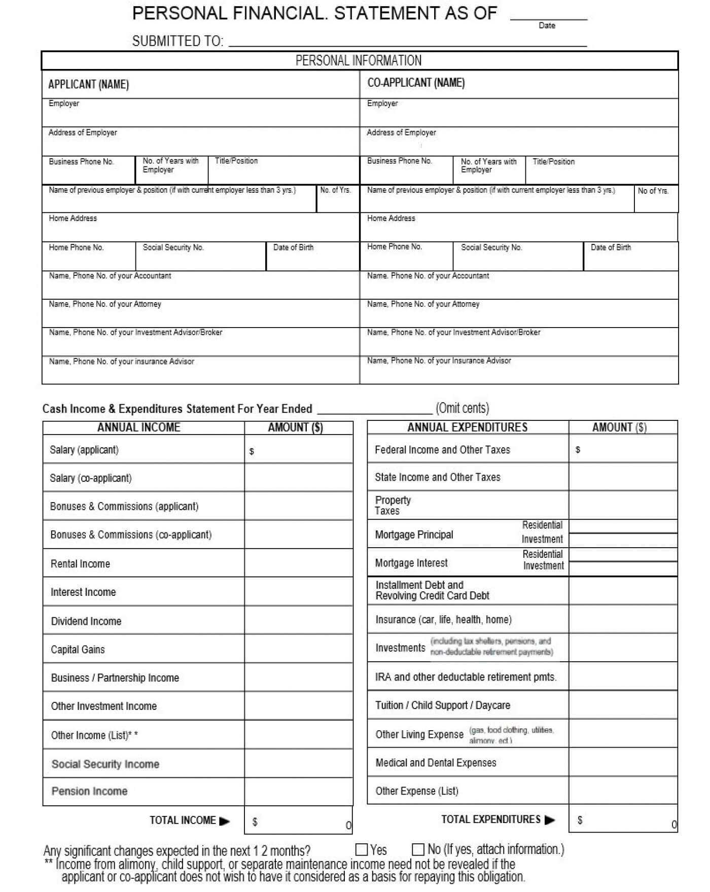 002 Generic Personal Financial Statement Form Pdf Template Pertaining 