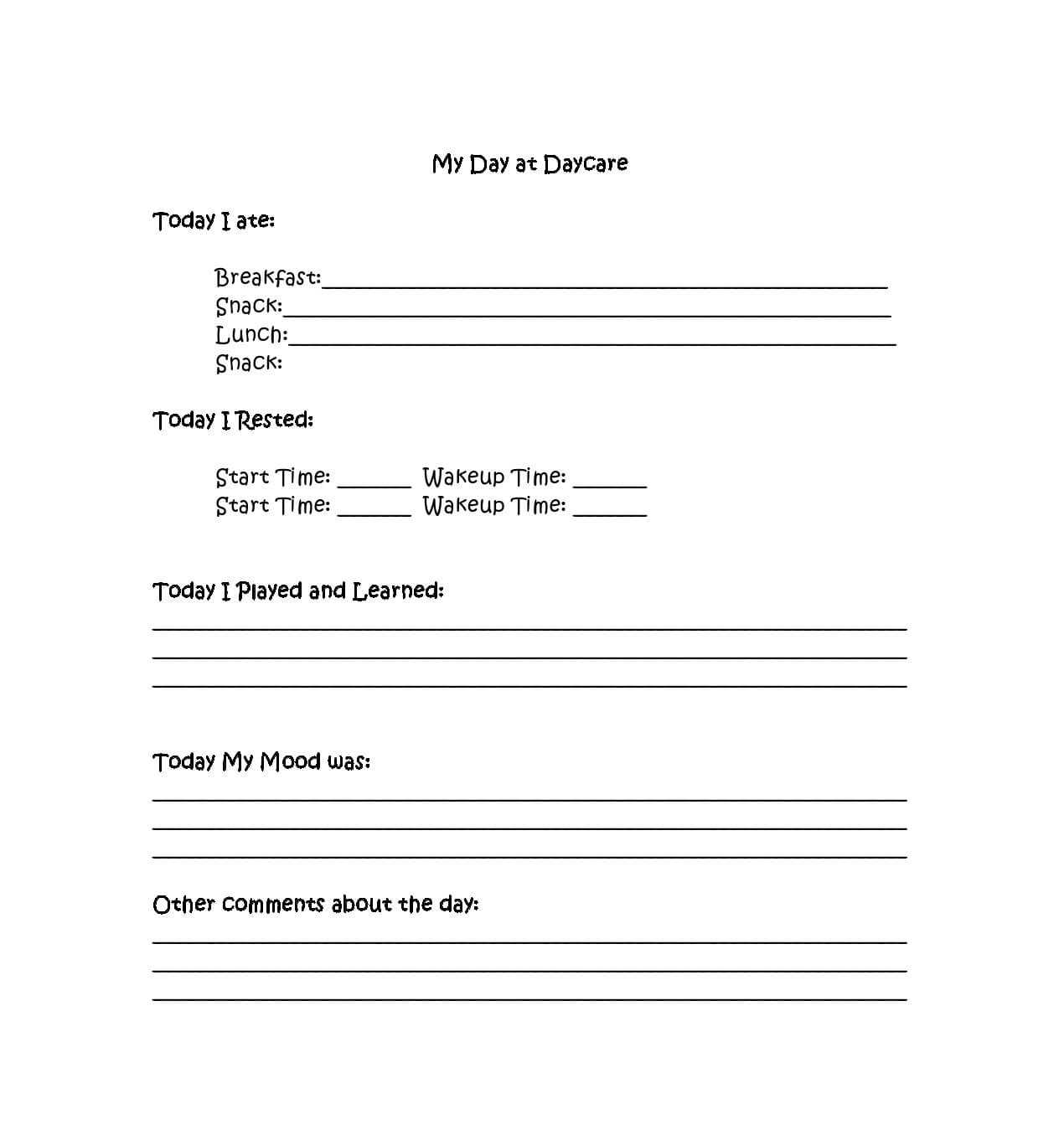 012 Preschool Daily Report Template Ideas Phenomenal Regarding Daycare 