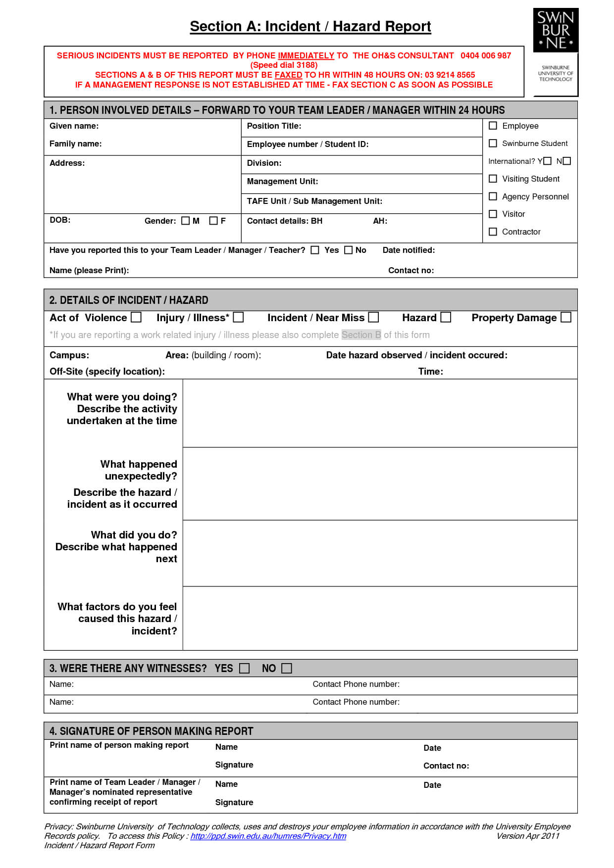 Hazard Incident Report Form Template Hazard Incident Report Form Template
