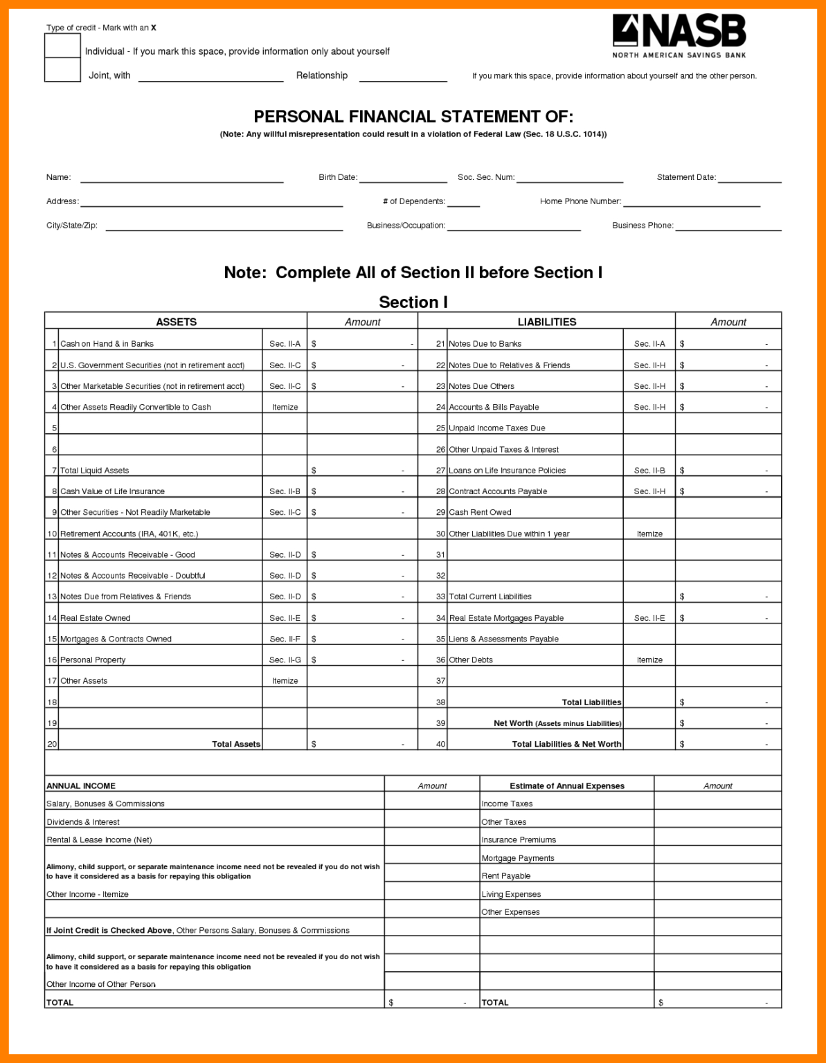 6 Free Printable Personal Financial Statement Form St Pertaining To 