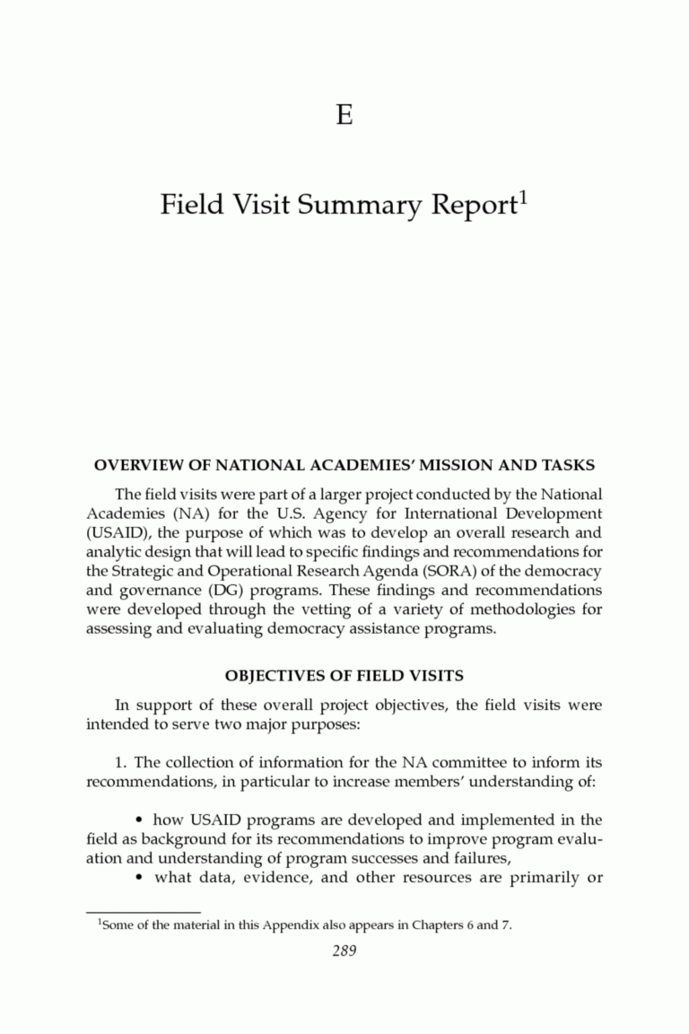 Appendix E Field Visit Summary Report Improving Democracy With Evaluation Summary Report 