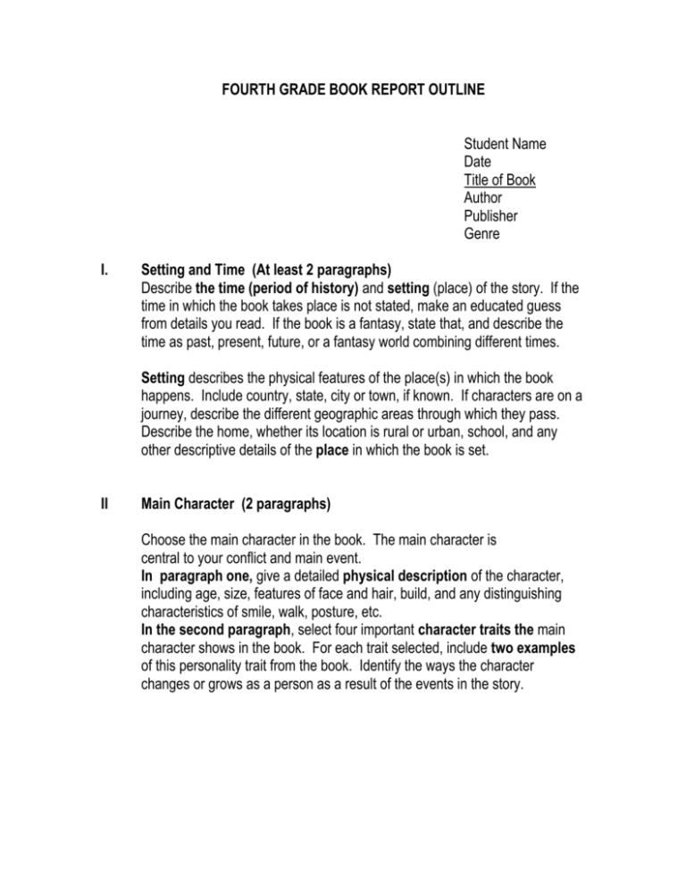 Fourth Grade Book Report Outline With Book Report Template 4Th Grade 