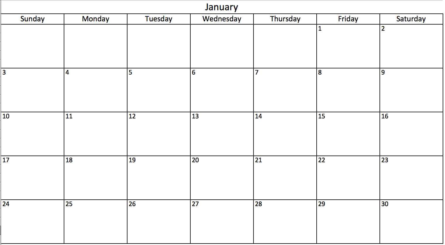 Monthly Calendar Excel Printable Month Calendar In Blank One Month 