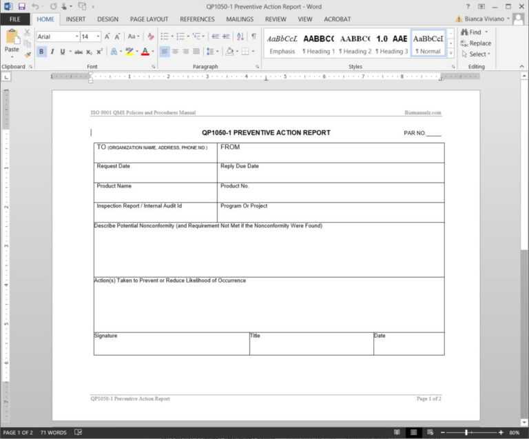 Preventive Action Report Iso Template Qp1050 1 Pertaining To 